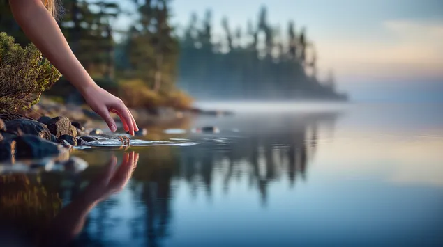 Hand Touching Serene Lake at Misty Forest Dawn premium 2K wallpaper download