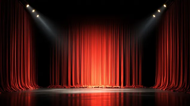 Stage with a spotlight and partially open dramatic velvet curtains ...